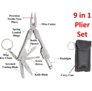 9 in 1 Micro Plier Tool Kit LED Flash Light Knife Blade Cutter Key Ring ...